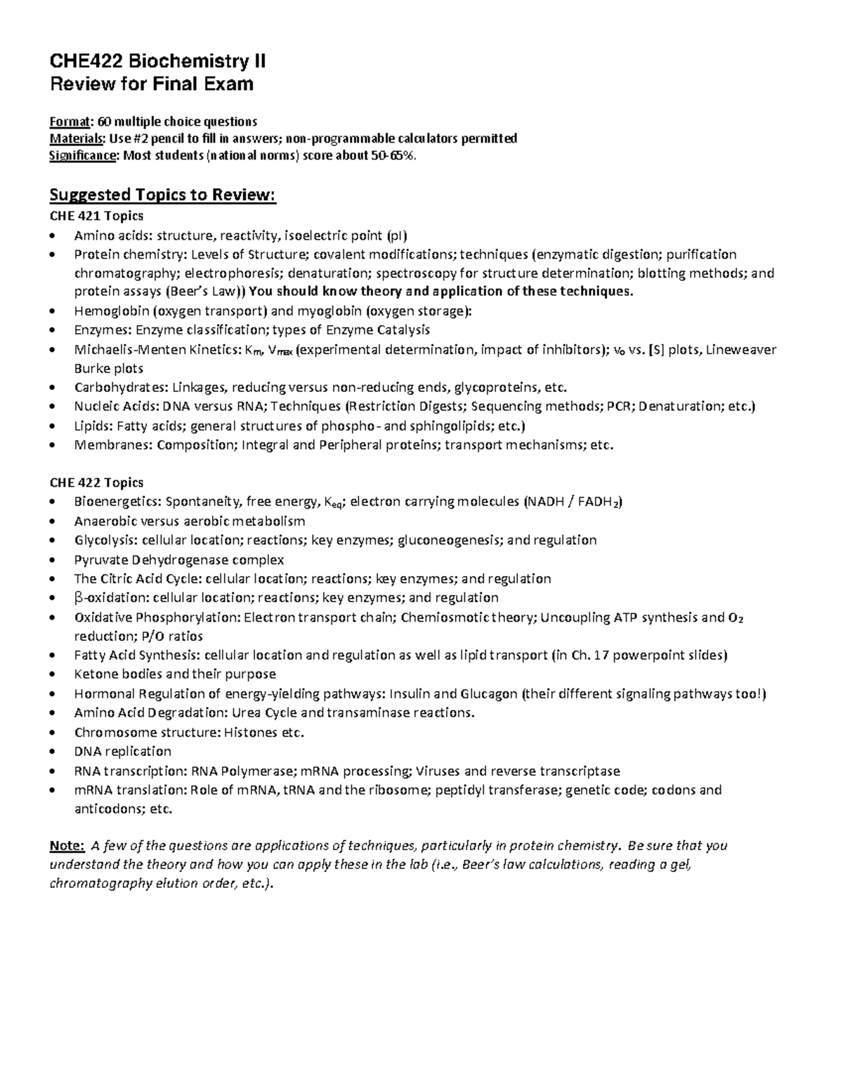 CHE 422 ACS Exam Review - CHE422 Biochemistry II Review for Final Exam ...