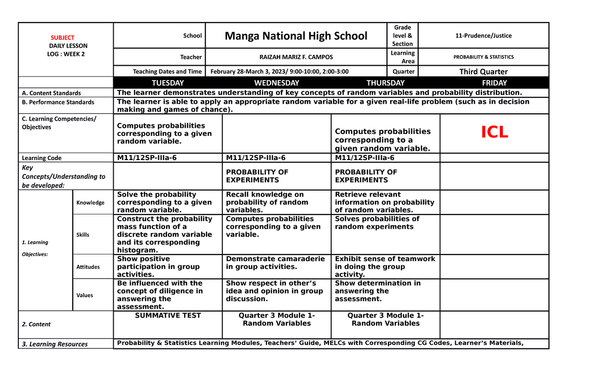 STAT Q3week 2 - blbl - SUBJECT DAILY LESSON LOG : WEEK 2 School Manga ...