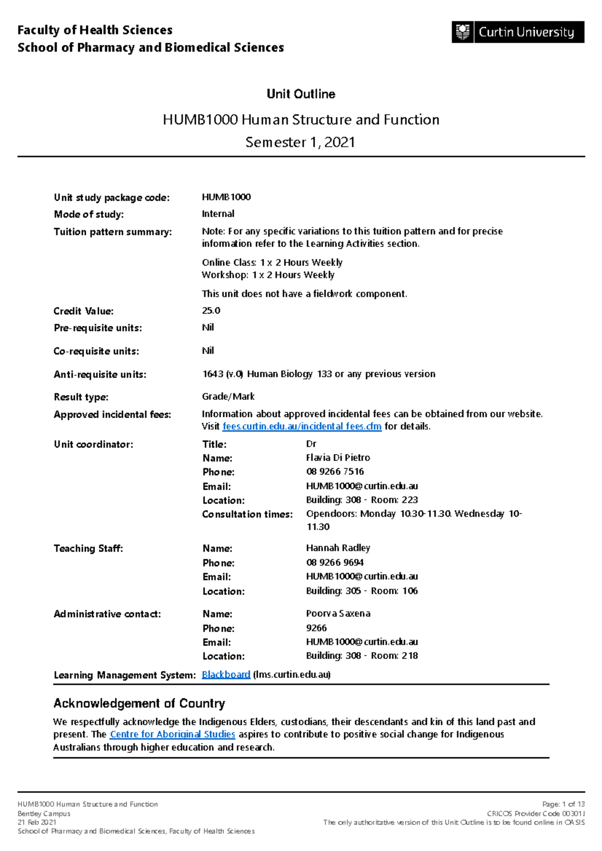 HUMB1000 Human Structure and Function Semester 1 2021 Bentley Campus ...