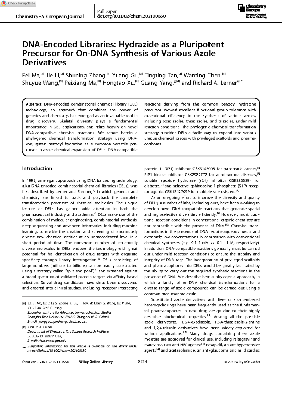 Chemistry A European J - 2021 - Ma - DNA‐Encoded Libraries Hydrazide as ...