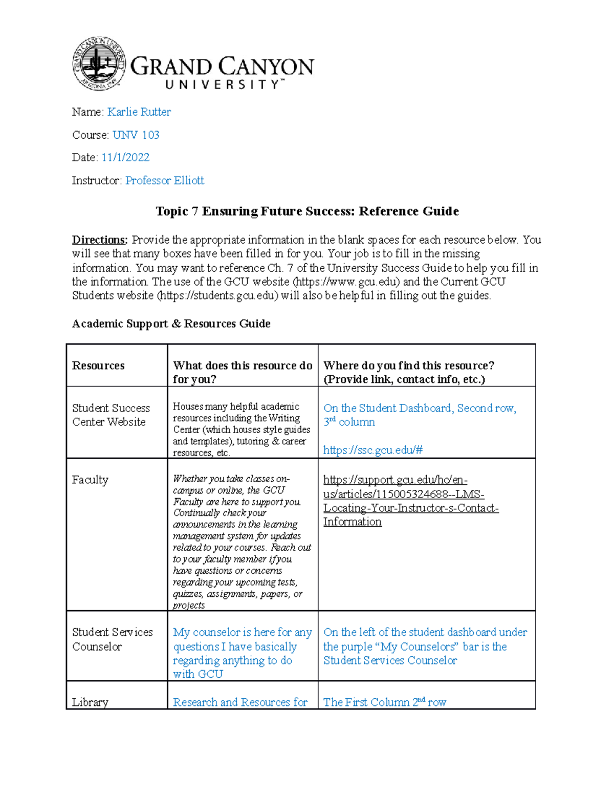 UNV 103 T7 Reference Guide Online - Name: Karlie Rutter Course: UNV 103 ...