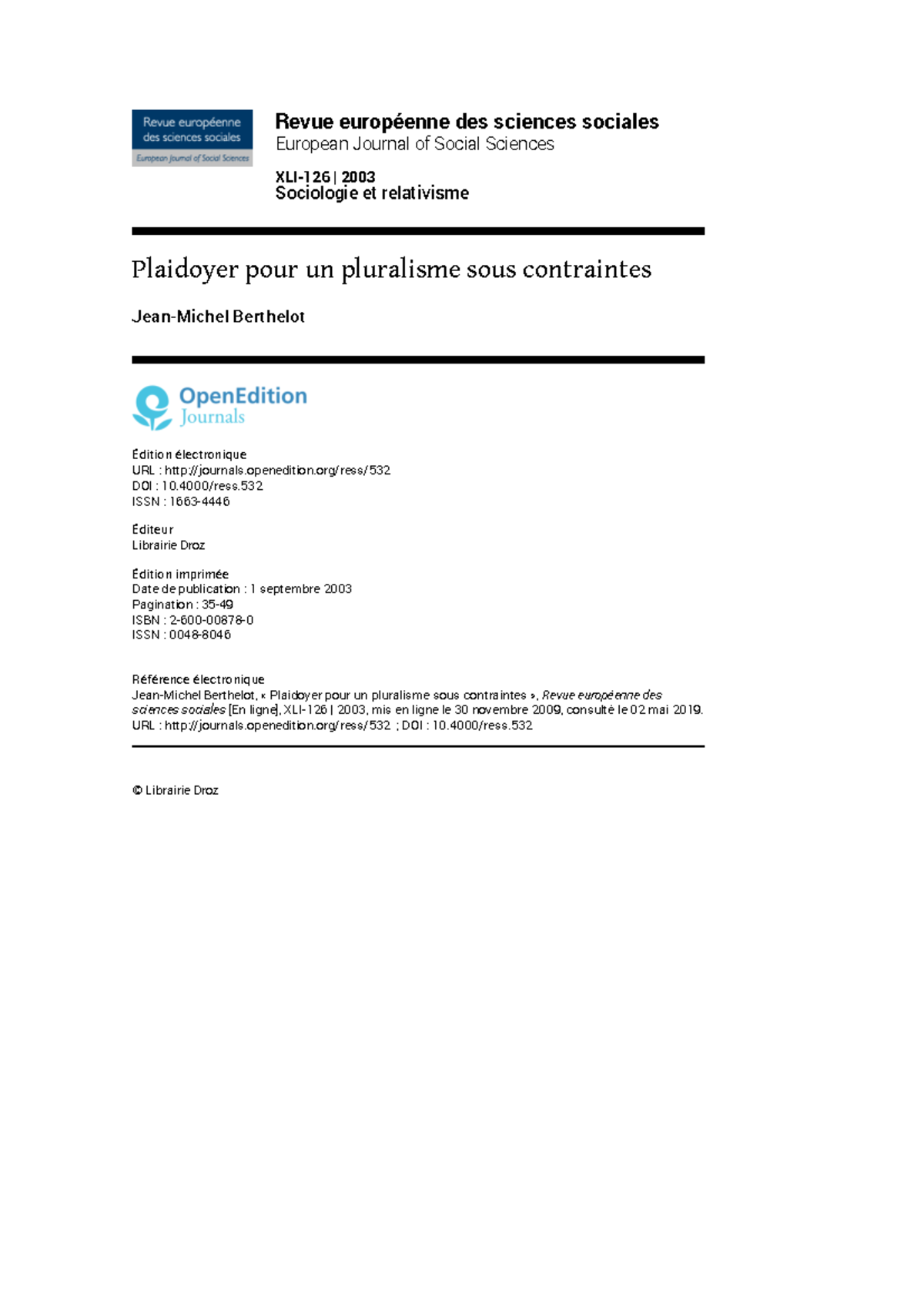 Socad 203 Berthelot 2003 Plaidoyer pour un pluralisme sous contraintes ...