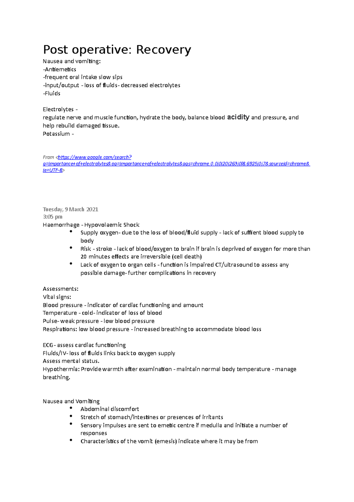 Post operative nursing notes year 2021 - Post operative: Recovery ...