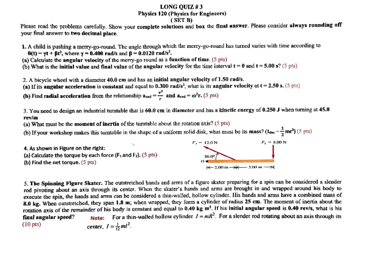 Physics 120 Quiz 3 Set B with solutions and answers - Civil Engineering ...