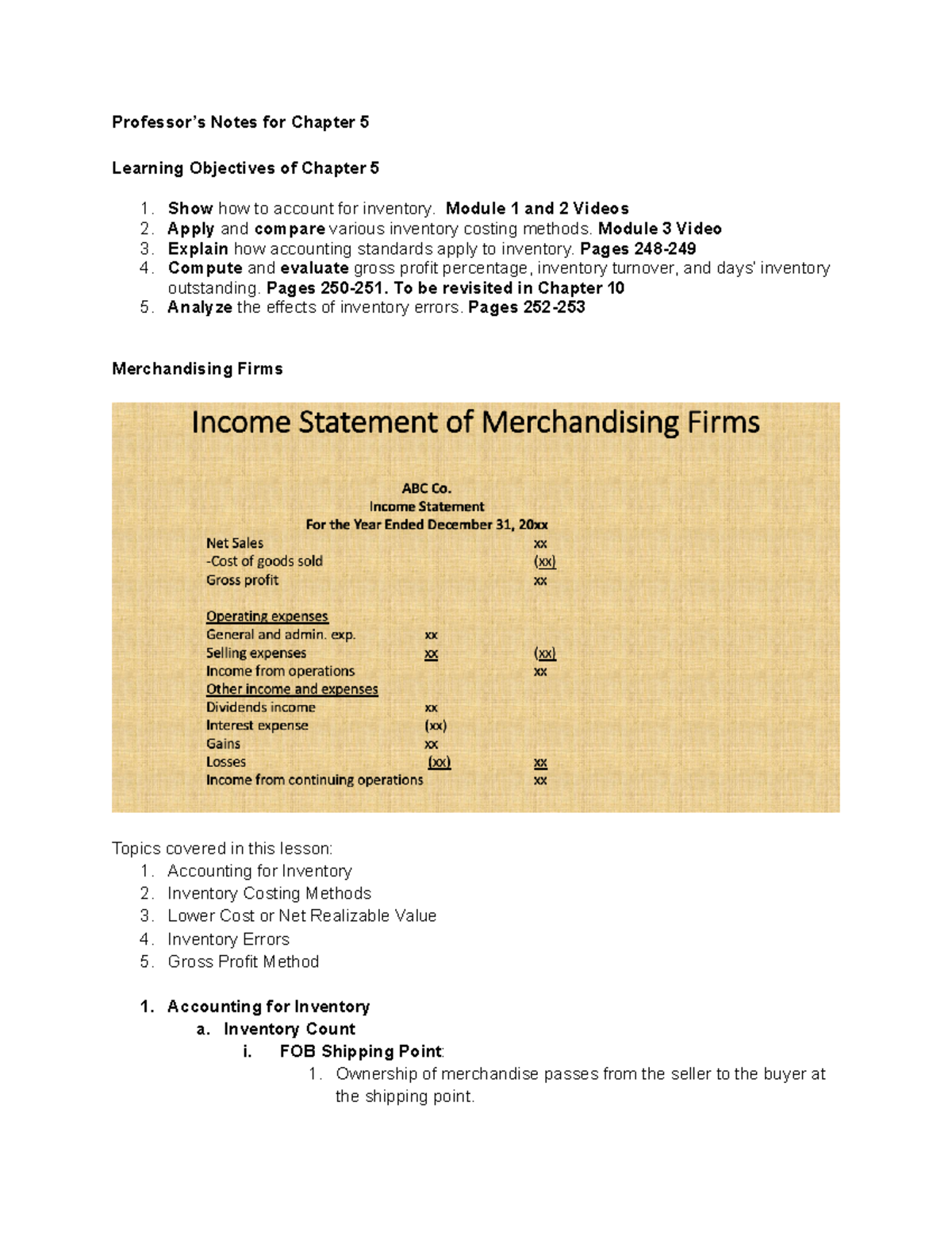 Professor’s Notes for Chapter 5 - Professor’s Notes for Chapter 5 ...