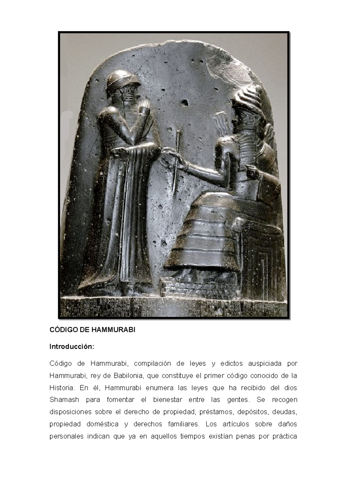 Código DE Hammurabi - CÓDIGO DE HAMMURABI Introducción: Código de ...