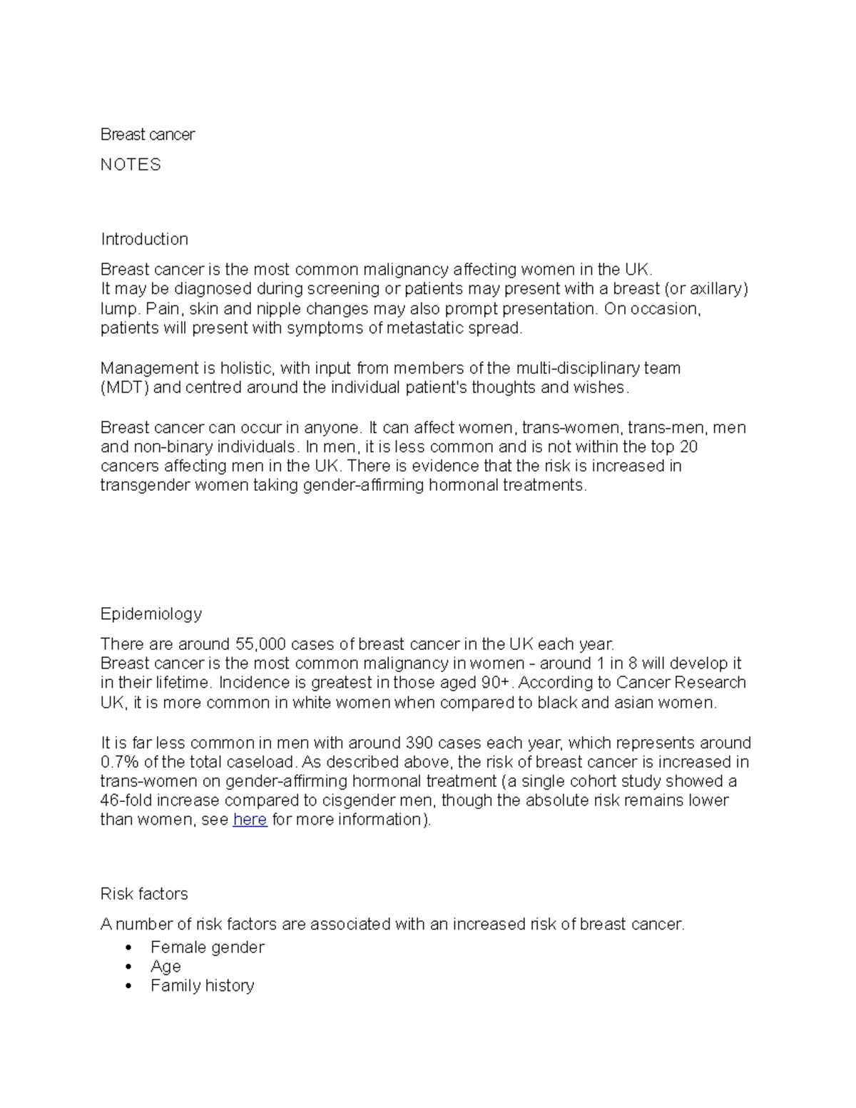 Breast cancer - Lecture notes 1 - Breast cancer NOTES Introduction ...