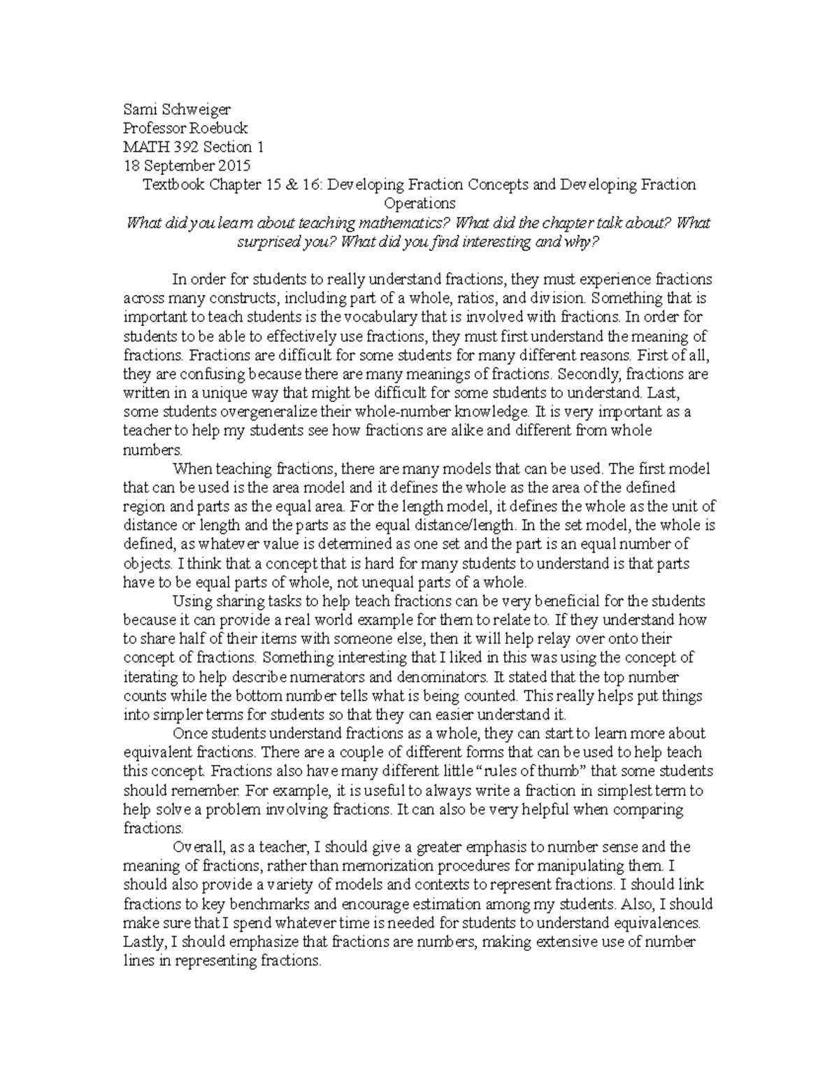 Textbook Reading Ch 15&16 - Sami Schweiger Professor Roebuck MATH 392 ...