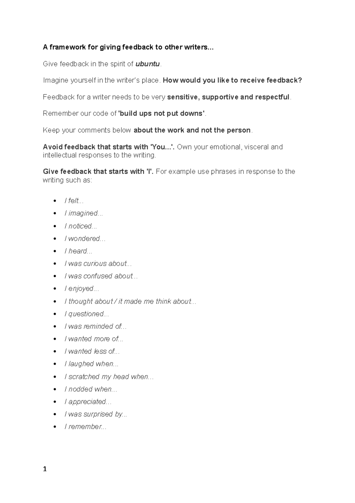 A framework for giving feedback to writers - .. Give feedback in the ...