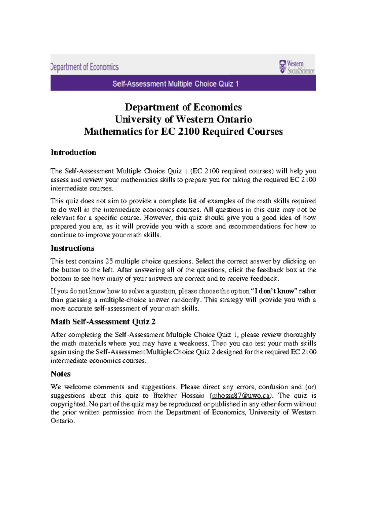 Quiz 1 for EC 2100 Required Courses 1 - Department of Economics ...