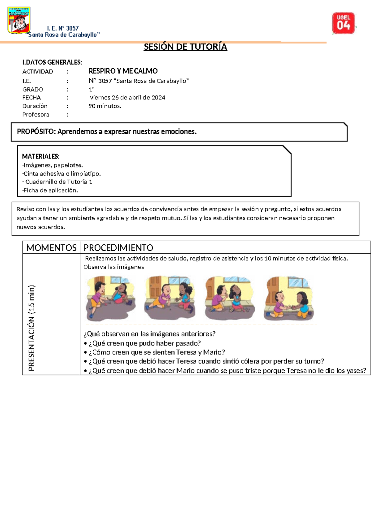 Sesión - Tutoria. respiro y me calmo - I. E. N° 3057 “Santa Rosa de ...