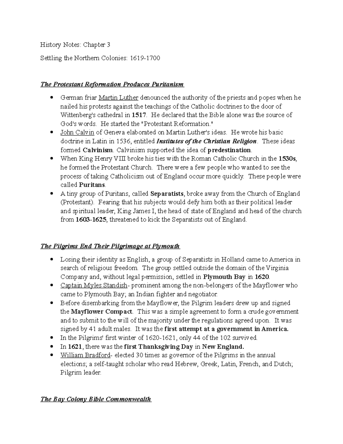 History Notes Ch 3 - History Notes: Chapter 3 Settling the Northern ...