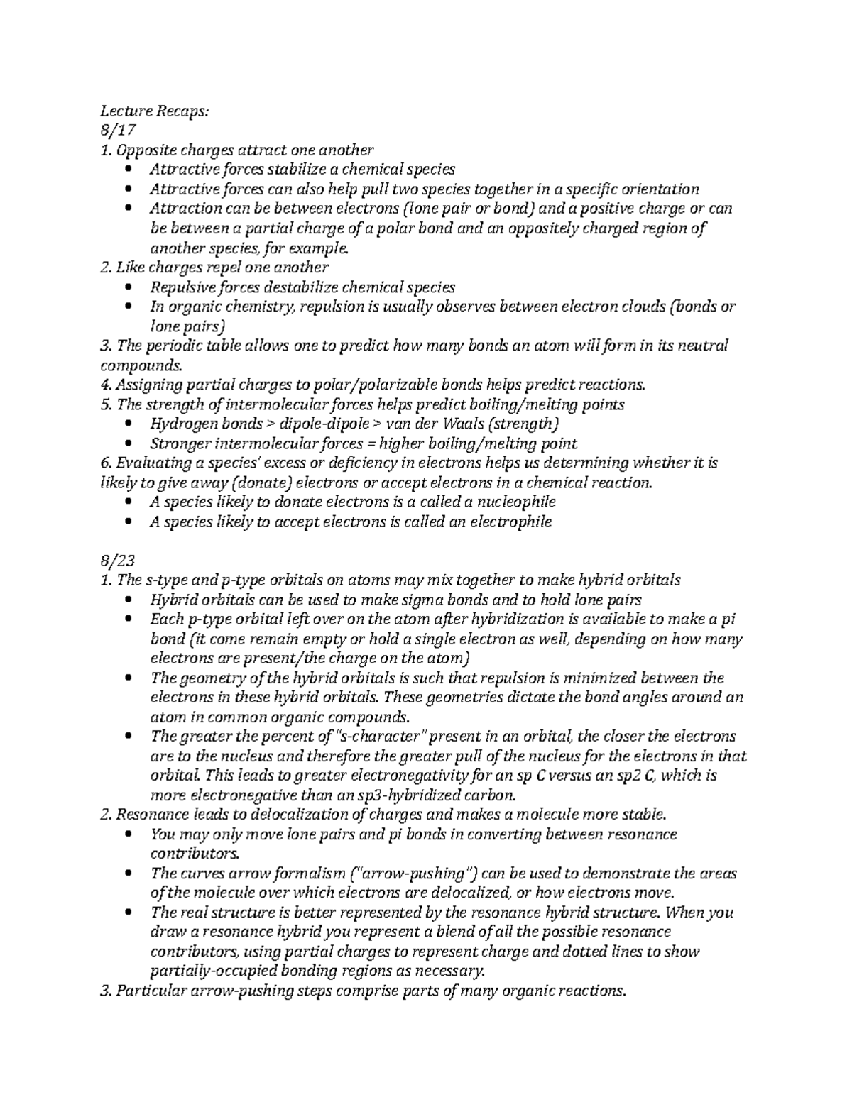 Organic exam 1 lecture recaps - Lecture Recaps: 1. Opposite charges ...