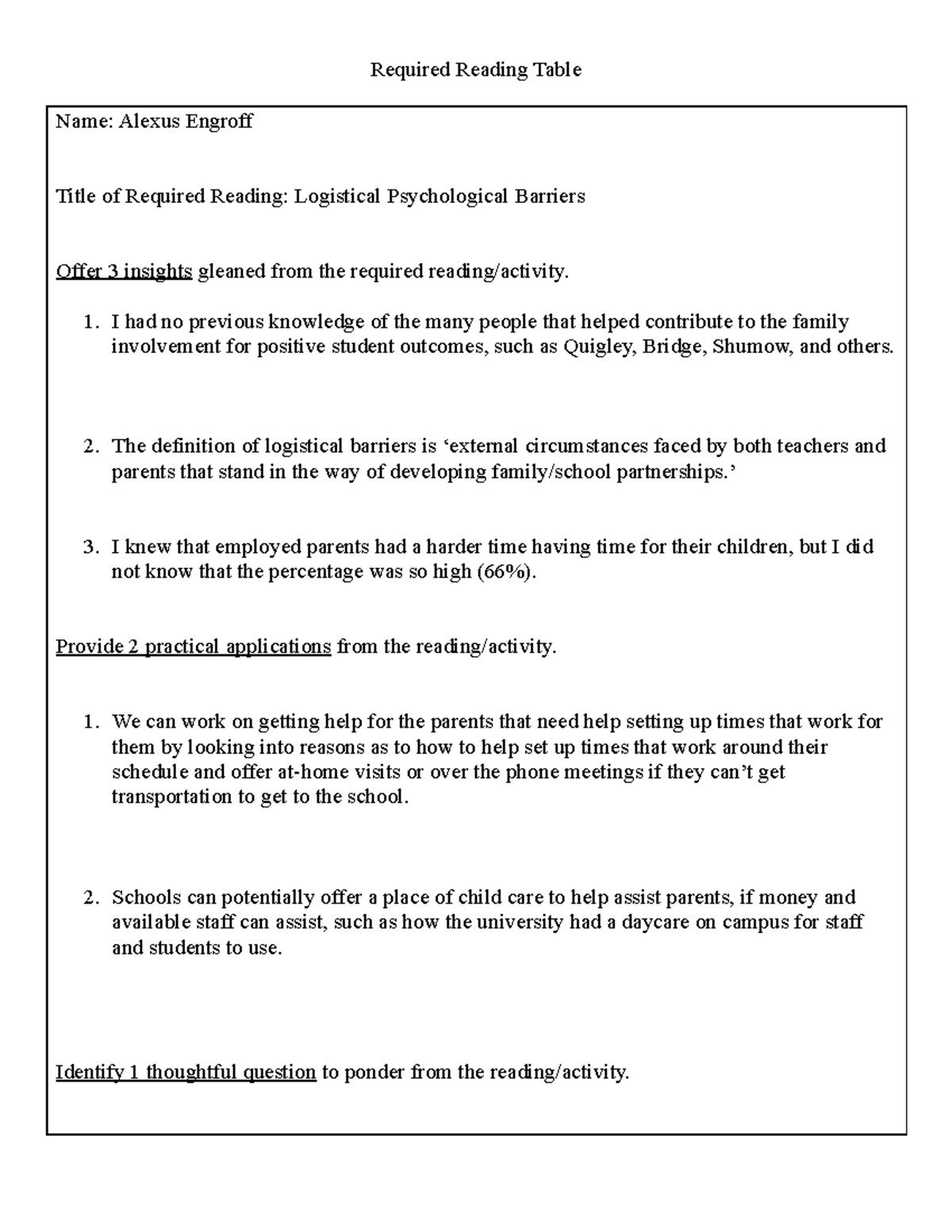 Logistical Psych Barriers Guide - Required Reading Table Name: Alexus ...