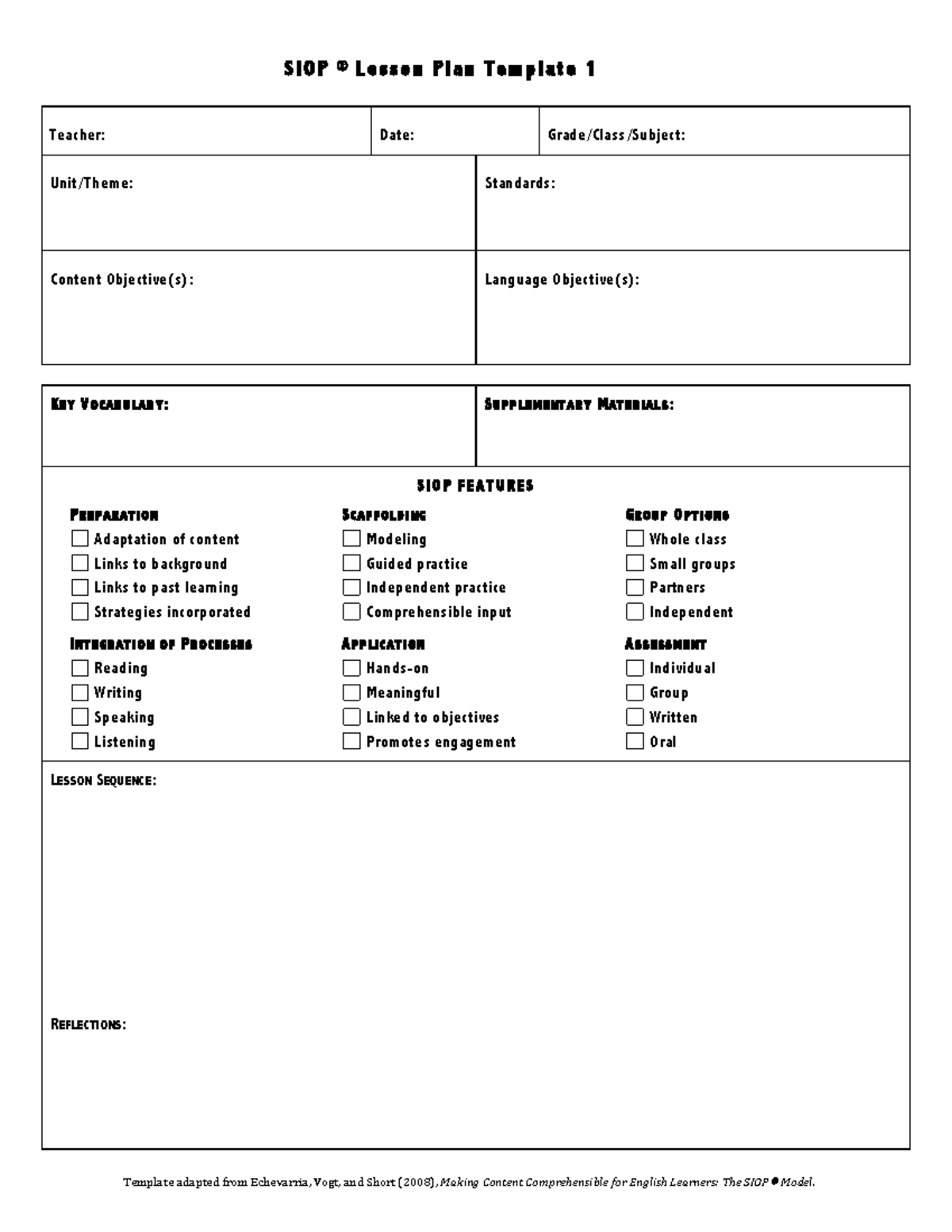 SIOP Lesson Plan Template - Teacher: Date: Grade/Class/Subject: Unit ...