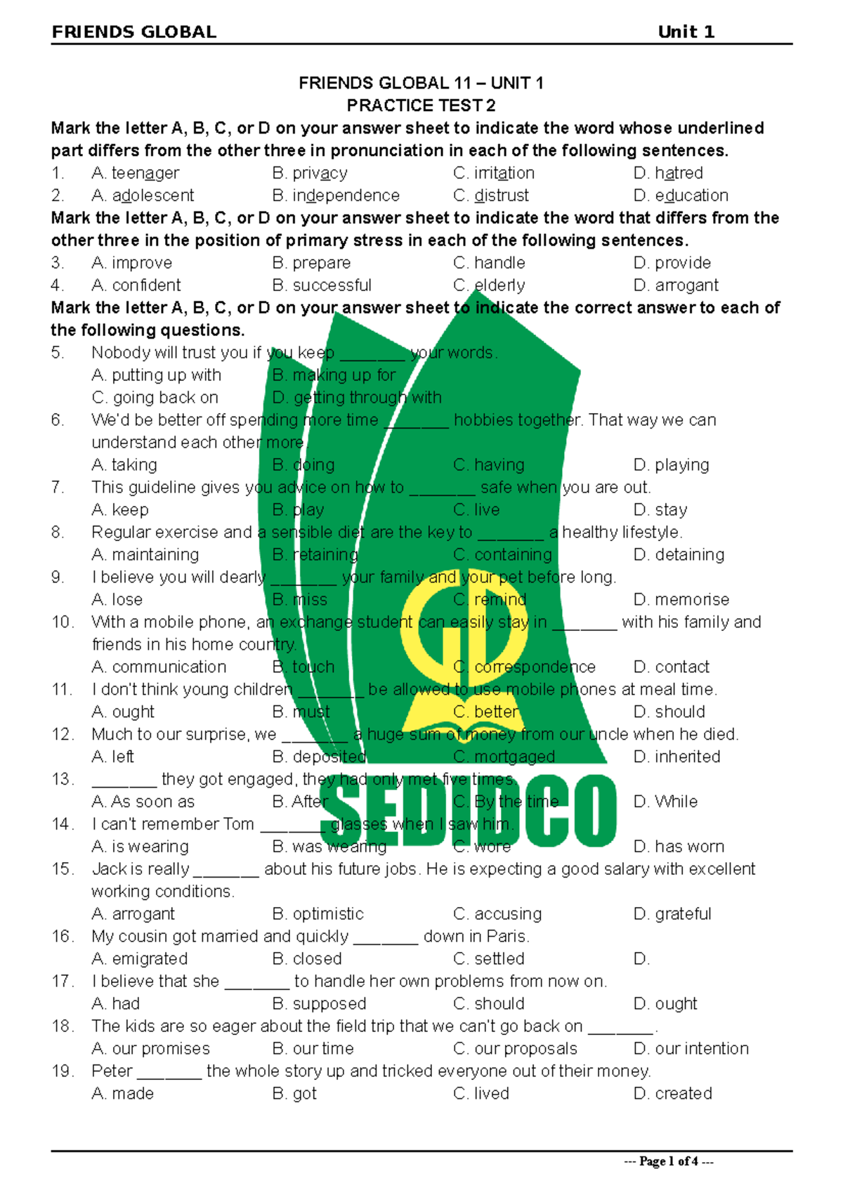 Tieng Anh 11 Friends Global - Unit 1 - Test 2 - FRIENDS GLOBAL 11 ...