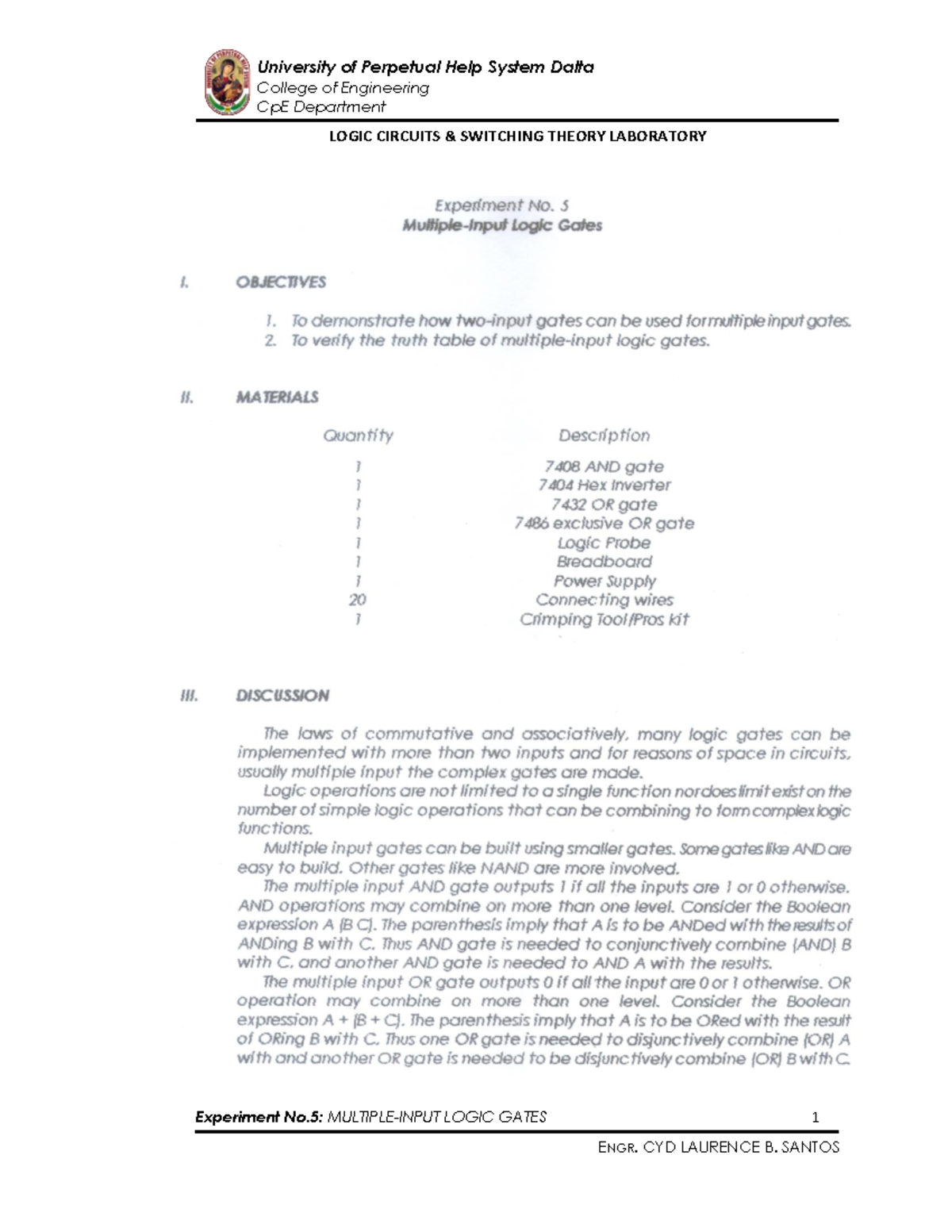 Experiment 5 - lab report - College of Engineering CpE Department LOGIC ...