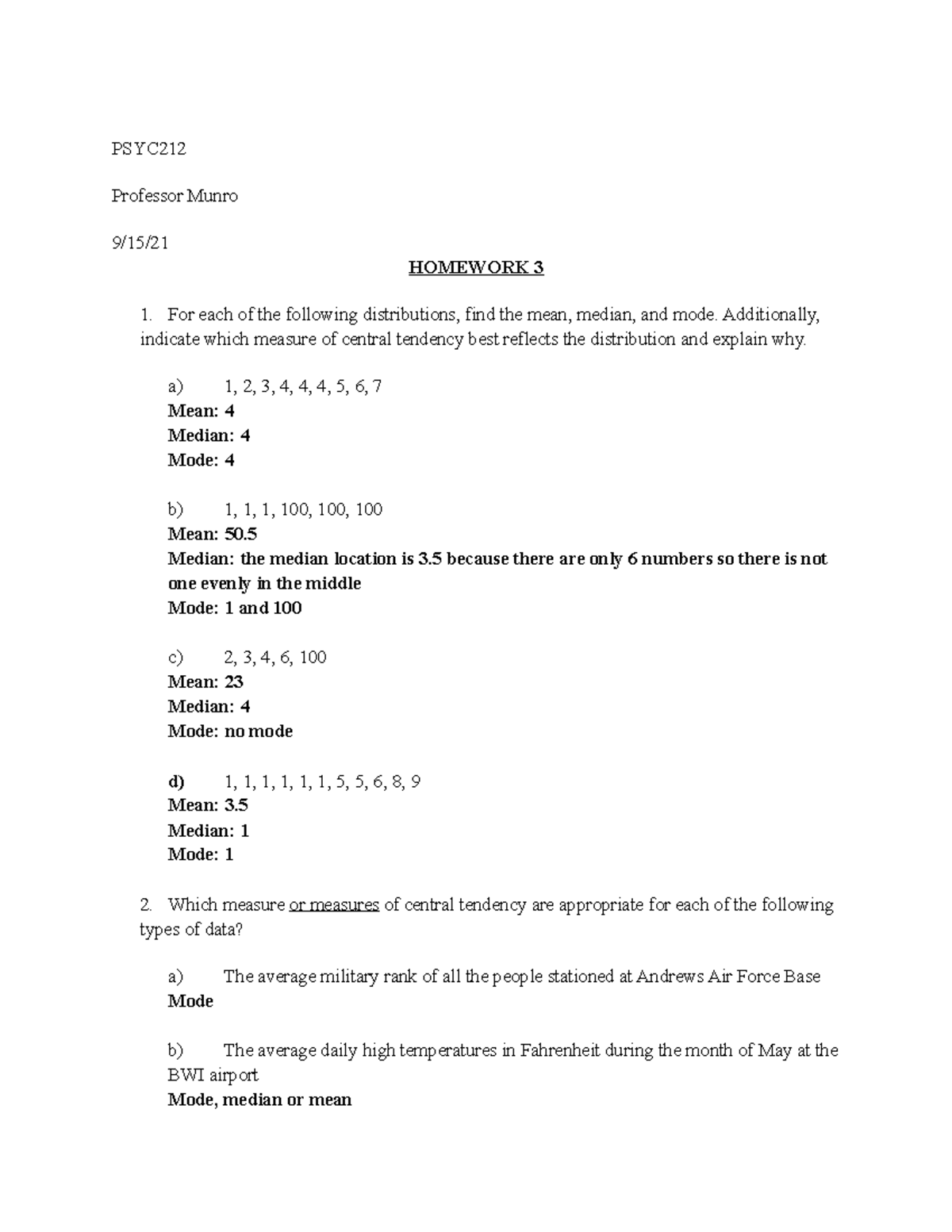 Behavioral stats hw 3 - Weekly homework with Professor Munro - PSYC ...