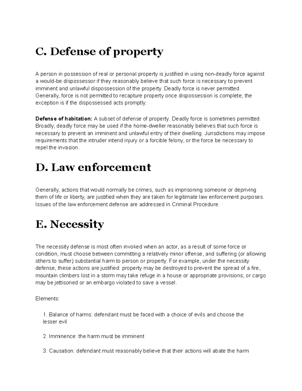 1115 - course notes, text book notes ect - C. Defense of property A ...