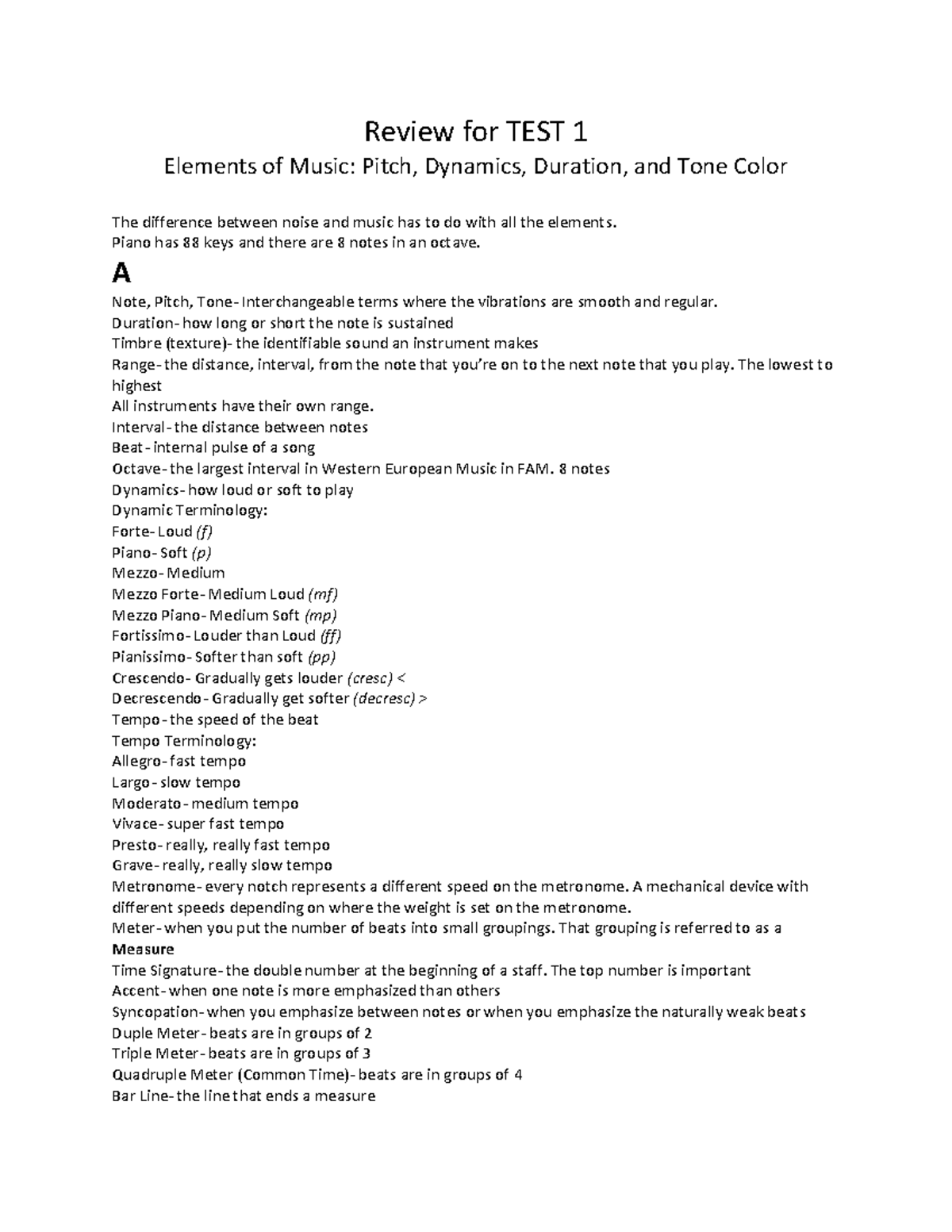 Fine Arts Music Notes Test 1 - Review for TEST 1 Elements of Music ...