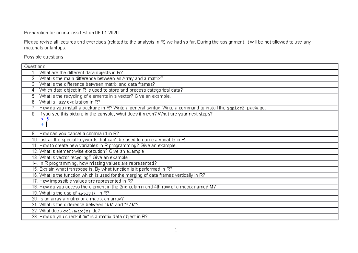 Preparation for an in-class test (Assignment 9) WS2019 - Preparation ...