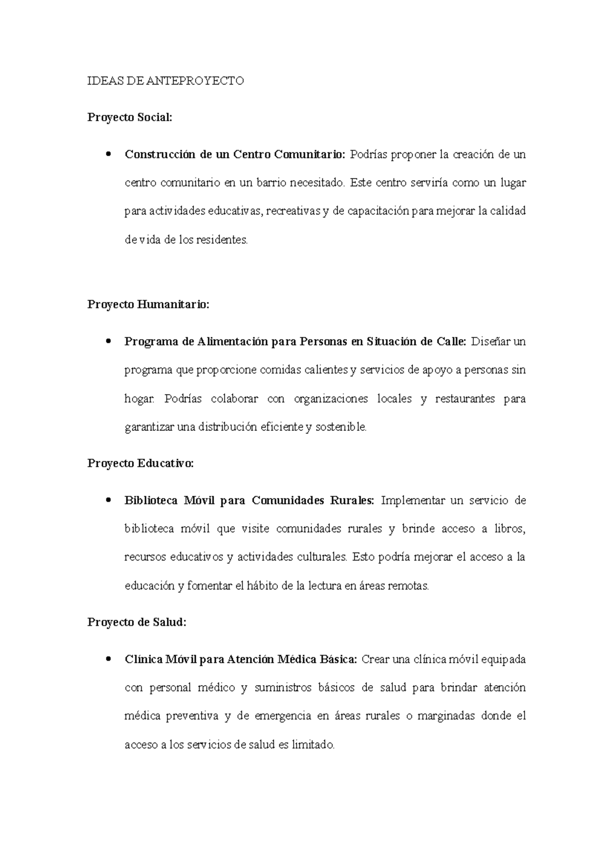 Ideas DE Anteproyecto - IDEAS DE ANTEPROYECTO Proyecto Social: Construcción de un Centro - Studocu