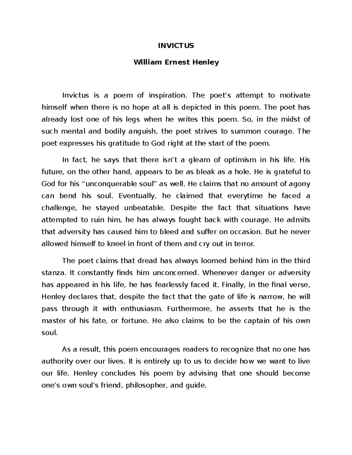 Invictus - ESSAY - INVICTUS William Ernest Henley Invictus is a poem of ...