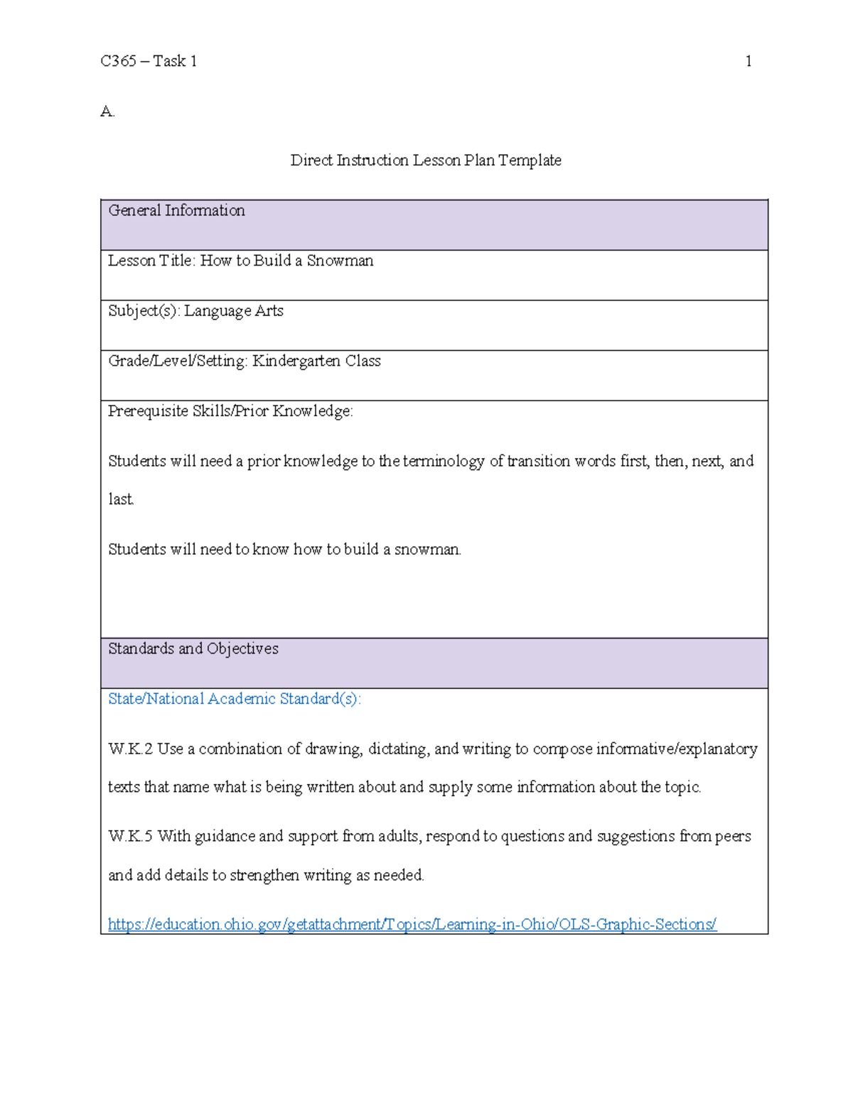 C365 lesson plan task 1 - Task 1 - Passed - A. Direct Instruction Lesson Plan Template General ...