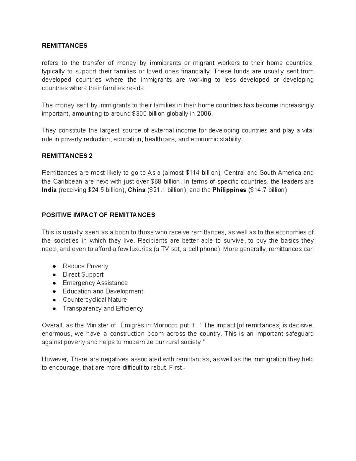 CW- Script - studying - REMITTANCES refers to the transfer of money by ...