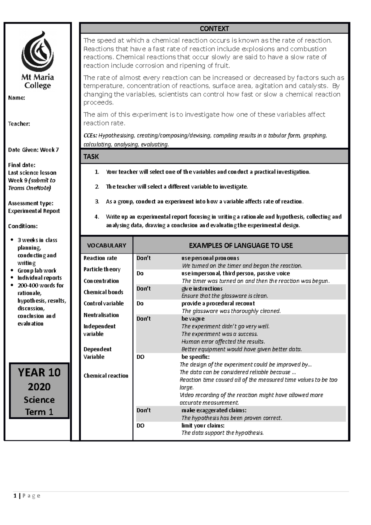 Reaction Rates Practical Final - Name: Teacher: Date Given: Week 7 ...