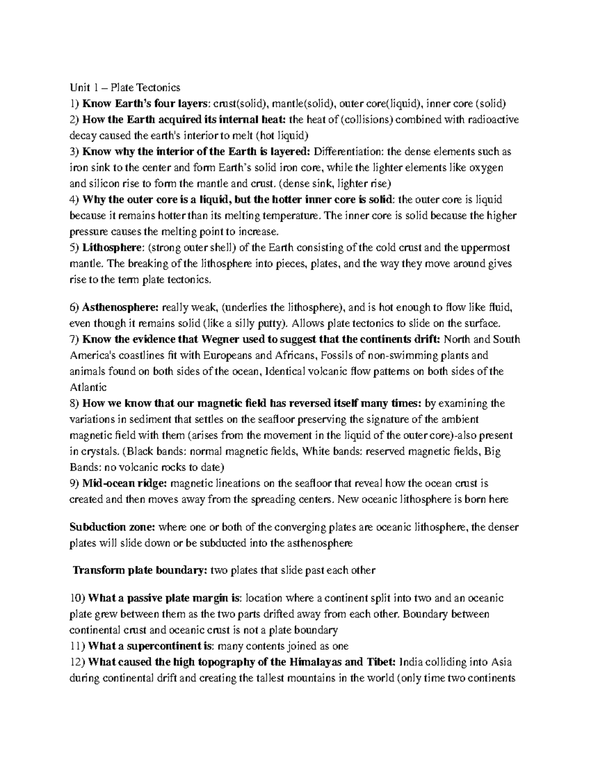 Geo Study Guide - Unit 1 – Plate Tectonics Know Earth’s four layers ...