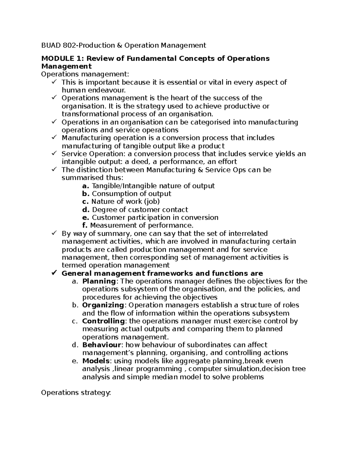 BUAD802 Production Operation Mgt - BUAD 802-Production & Operation Management MODULE 1: - Studocu