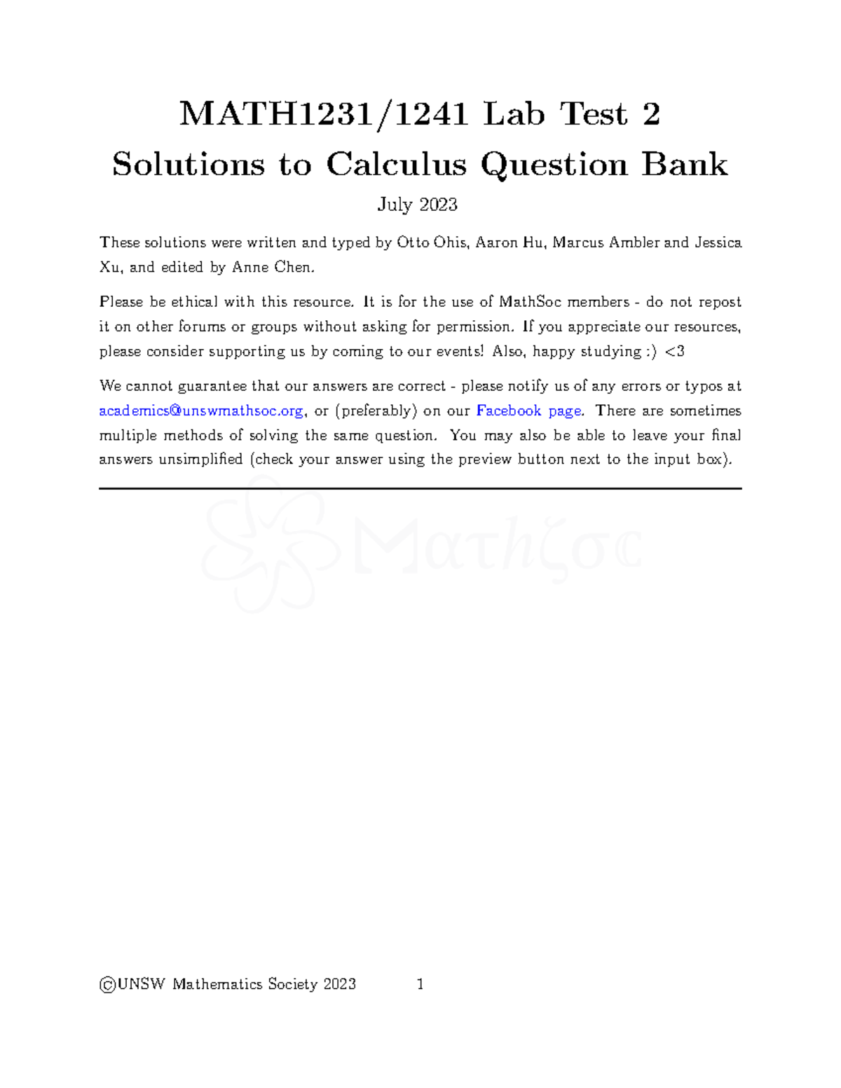 MATH1231 1241 Lab Test 2 Calculus - MATH1231/1241 Lab Test 2 Solutions ...