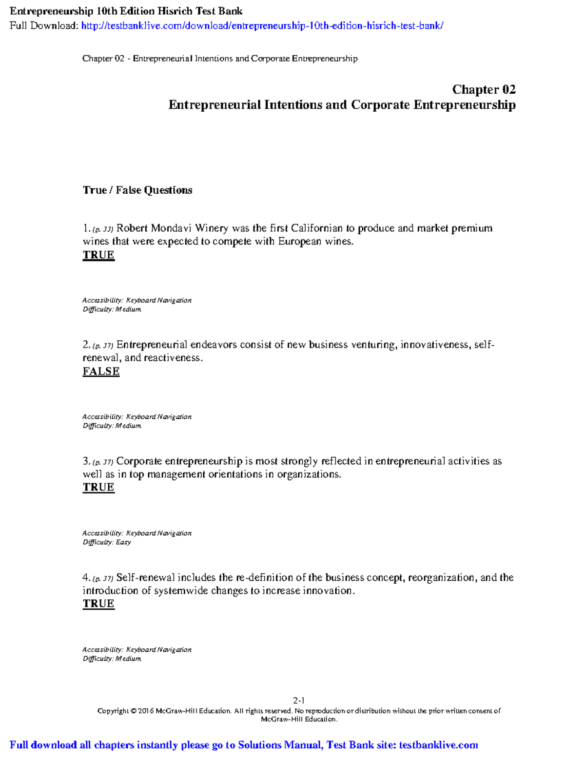 Entrepreneurship 10th edition hisrich test bank - Chapter 02 ...