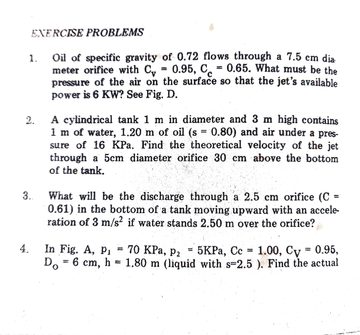 Chapter-7 Exercise-Problems - EXERCISE PROBLEMS Oil of specific gravity ...