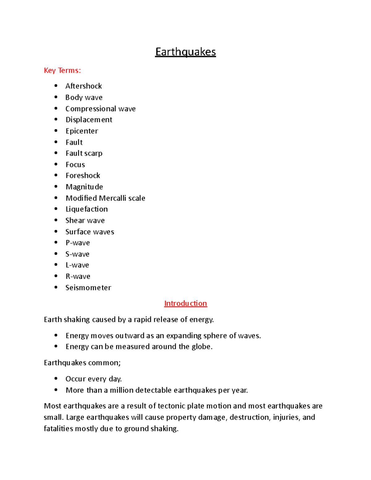 Earthquakes - Earthquakes Key Terms: Aftershock Body wave Compressional ...