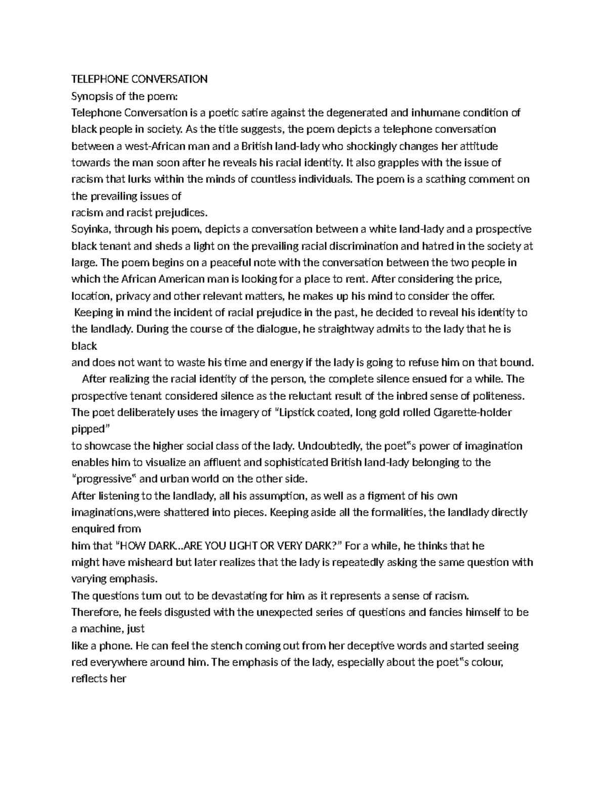Telephone conversation - TELEPHONE CONVERSATION Synopsis of the poem ...