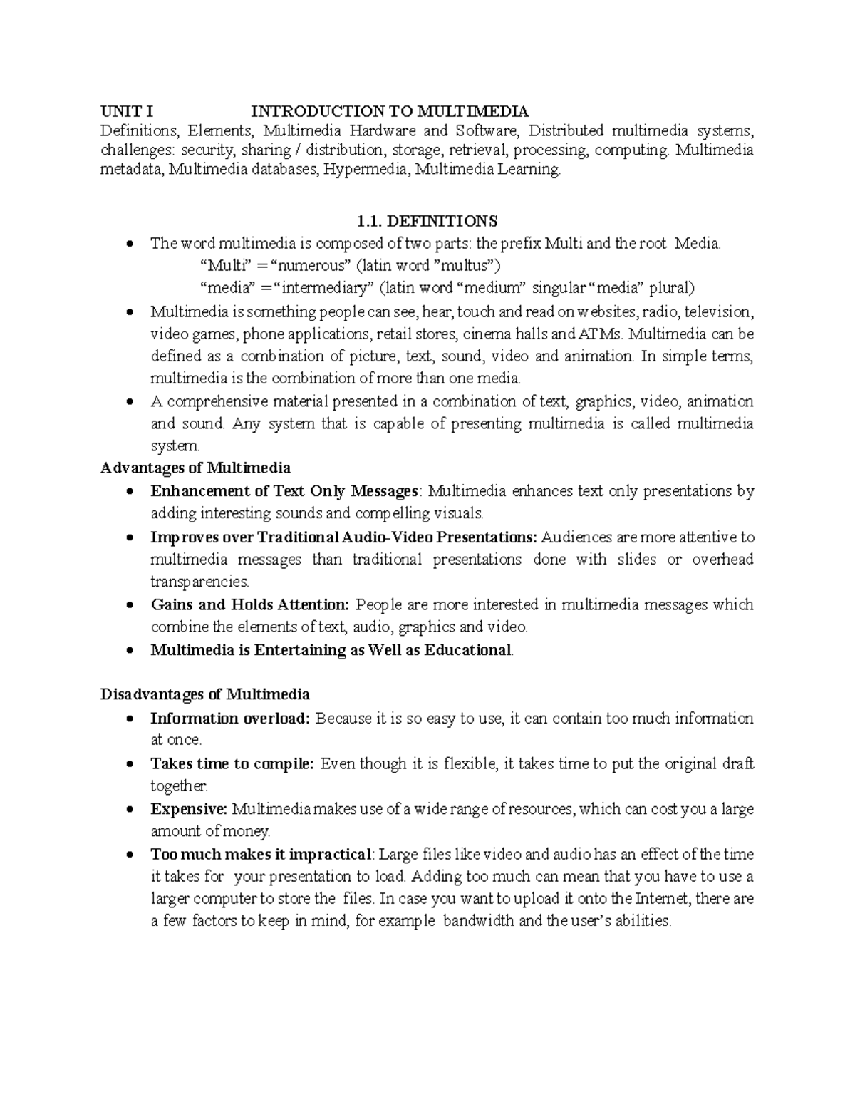 UNIT I Introduction TO Multimedia - UNIT I INTRODUCTION TO MULTIMEDIA Definitions, Elements ...