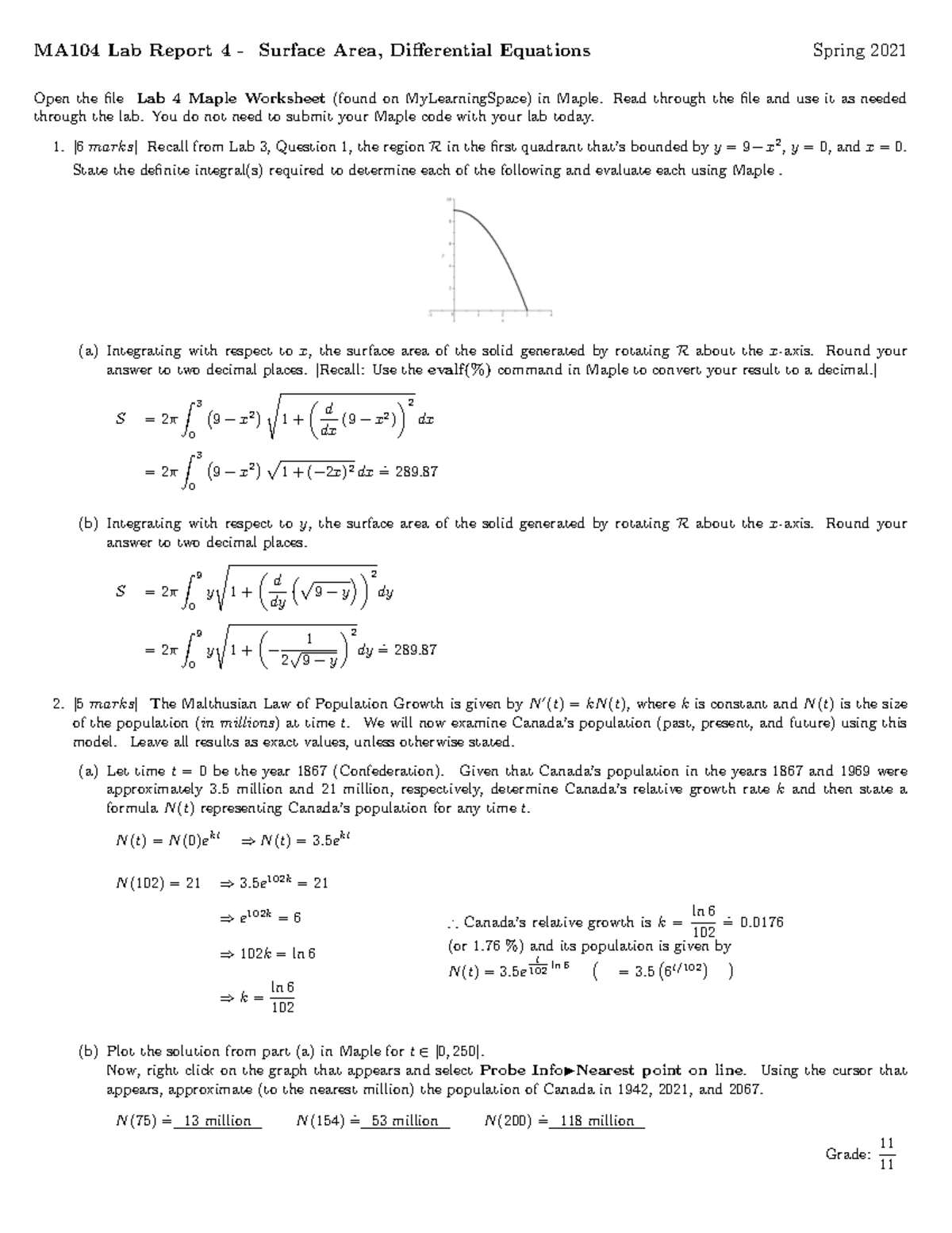 MA 104 LAB 4 Spring 2021 ANS - MA104 Lab Report 4 - Surface Area, Differential Equations Spring ...