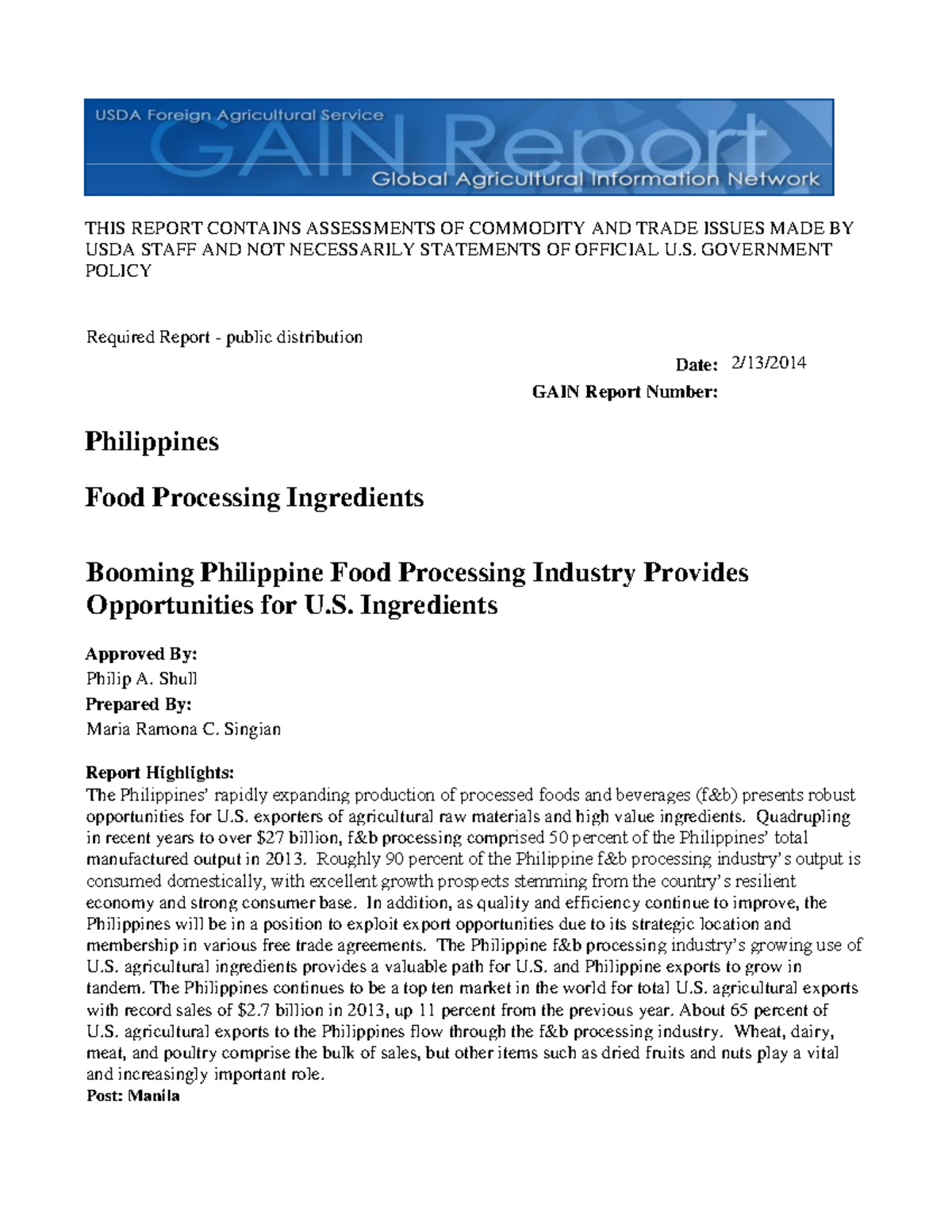 Food Processing Ingredients Manila Philippines 2-12-2014 - THIS REPORT ...