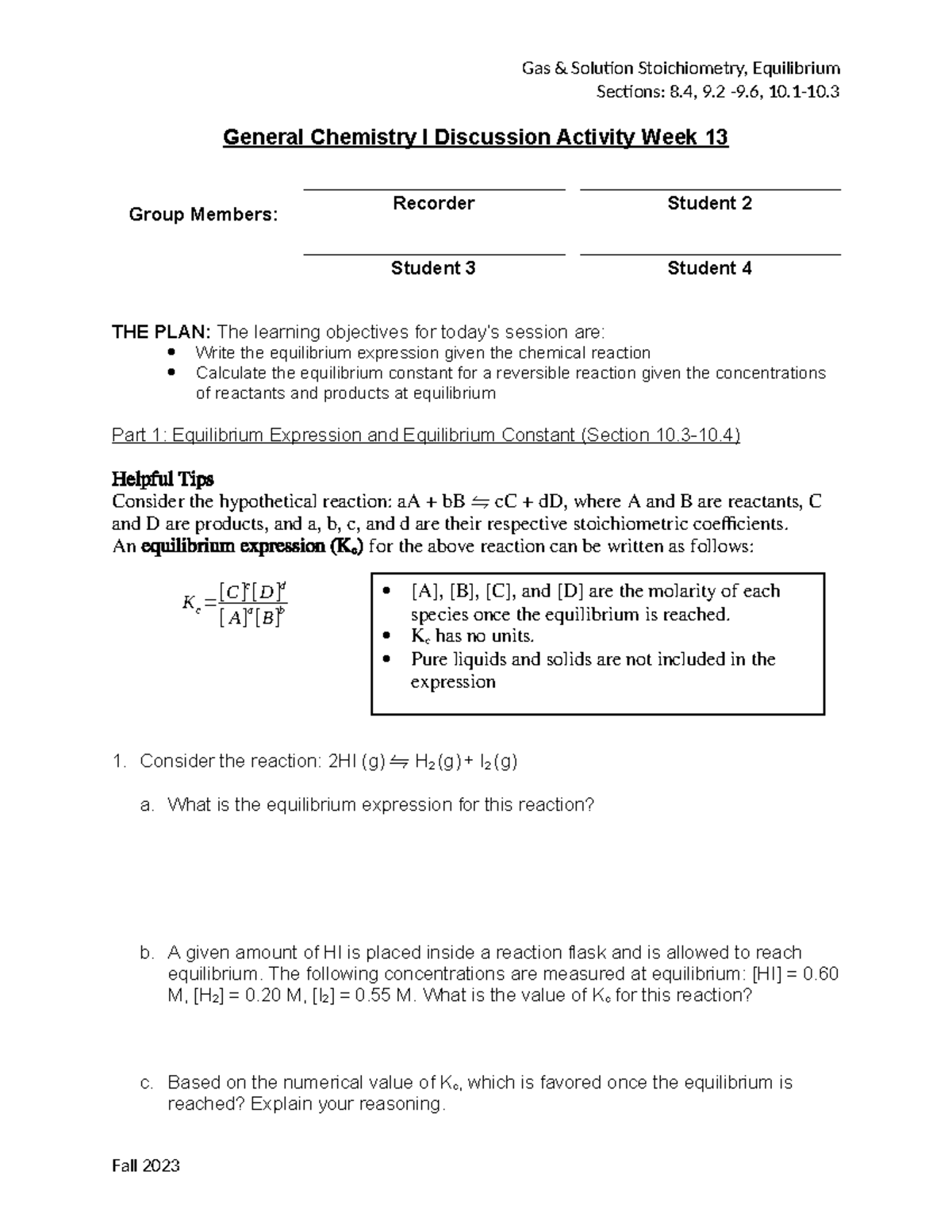 Discussion Week 13 - Sections: 8, 9 -9, 10-10. General Chemistry I ...