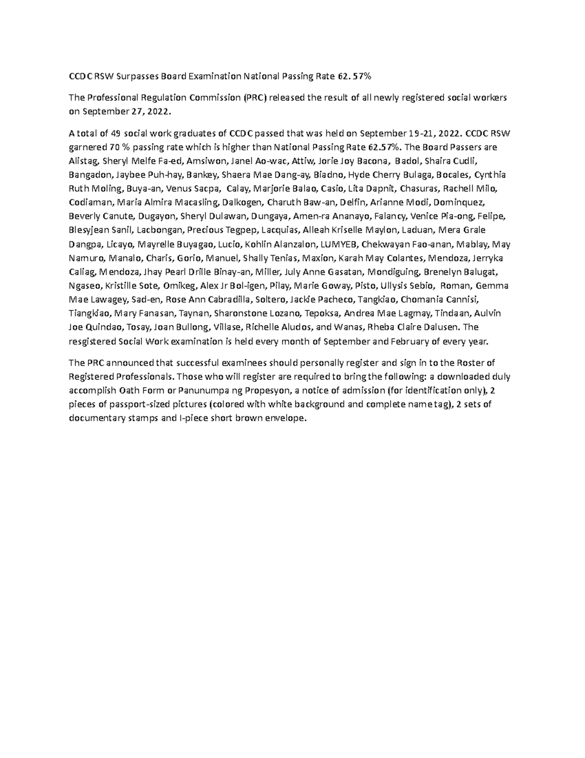Document Educ 3 - CCDC RSW Surpasses Board Examination National Passing Rate 62. 57% The - Studocu