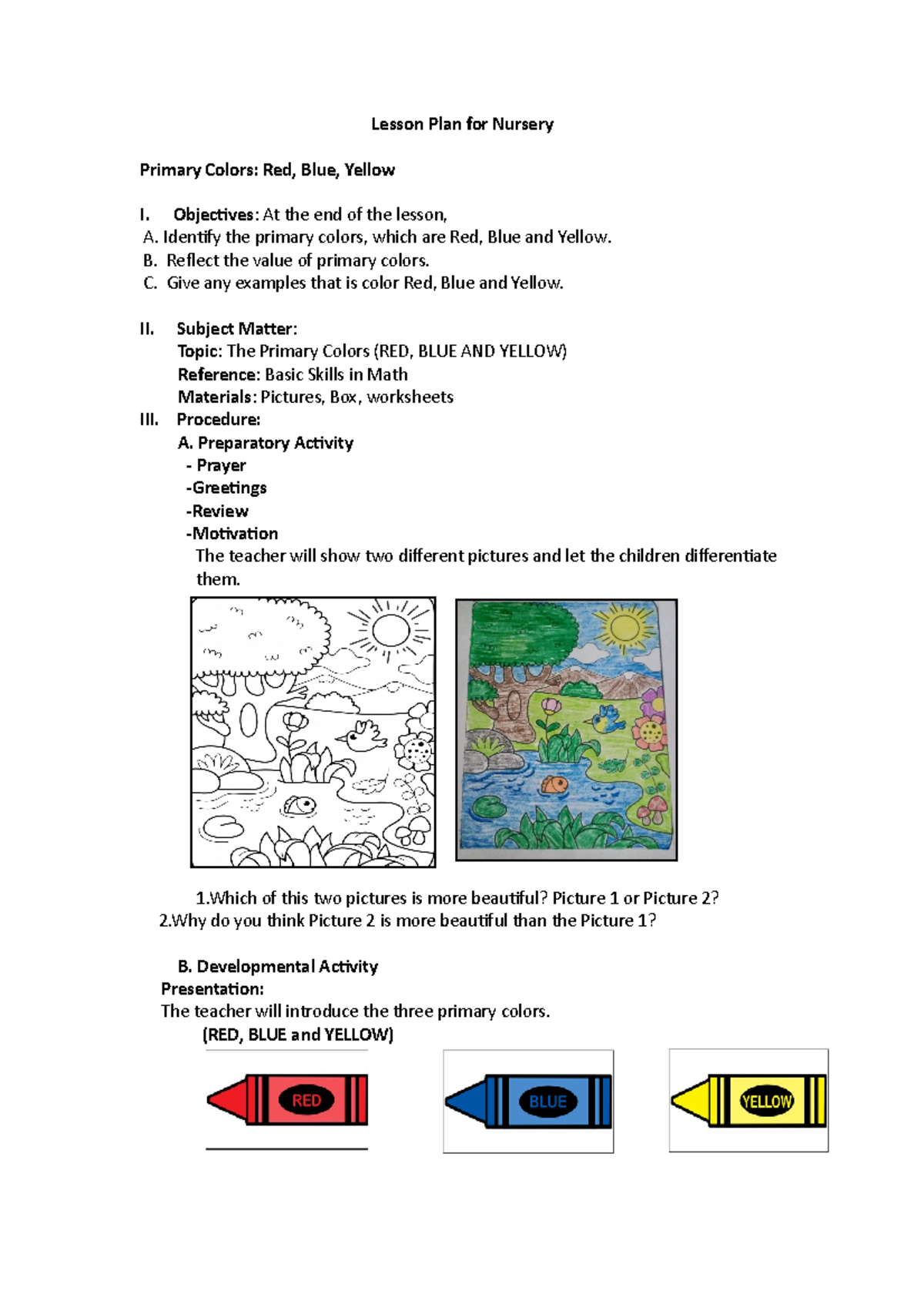 1Lesson Plan for Nursery - Lesson Plan for Nursery Primary Colors: Red ...