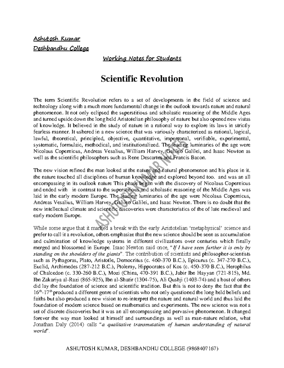 Scientific Revolution notes - Ashutosh Kumar Deshbandhu College Working ...