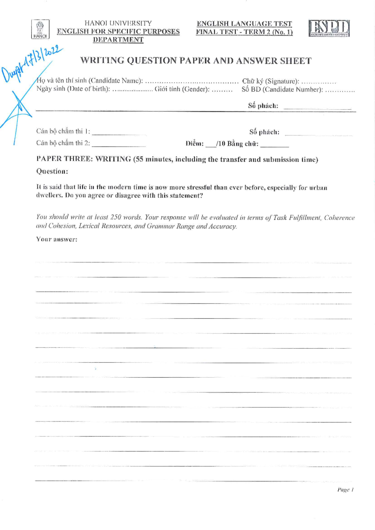 9-10. ESPD Final Writing TERM 2 K2021 - HANOI UNIVERSITY ENGLISH ...