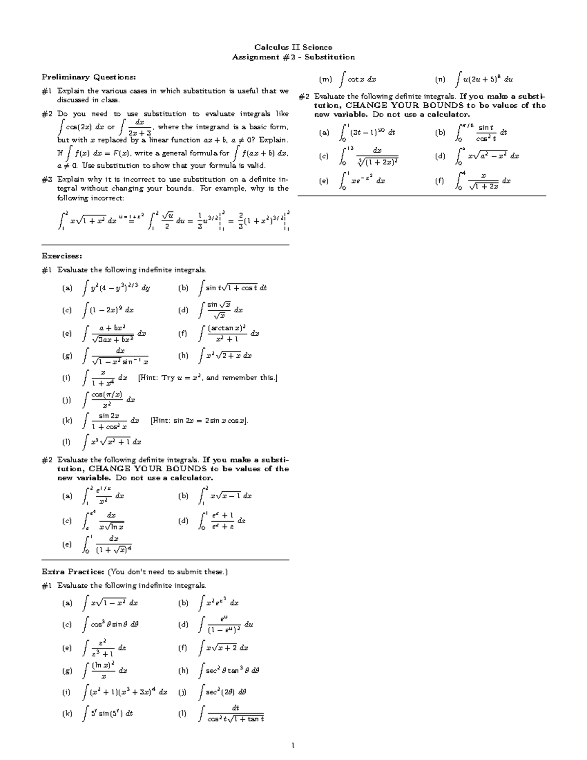Assignment 2 - Substitution - Calculus II Science Assignment #2 ...