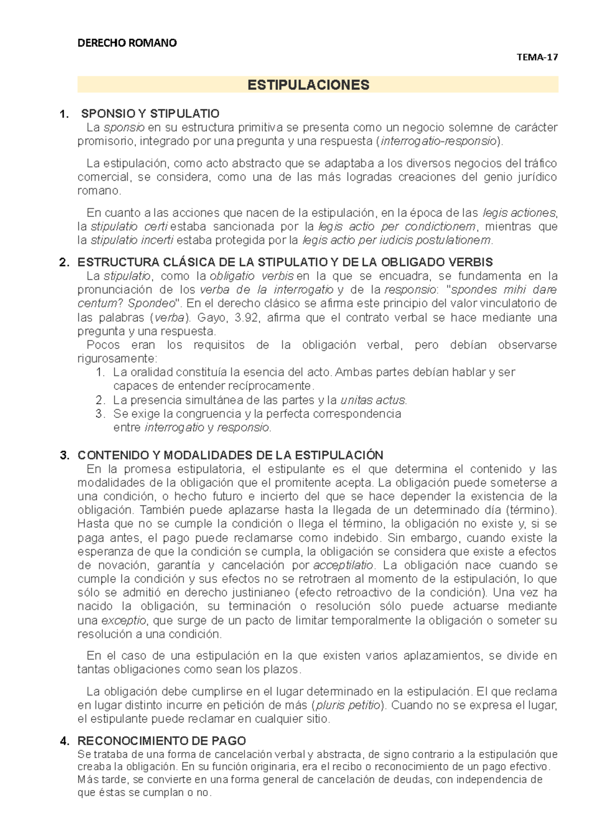 Derecho Romano Tema 17-24 - TEMA- ESTIPULACIONES 1. SPONSIO Y ...