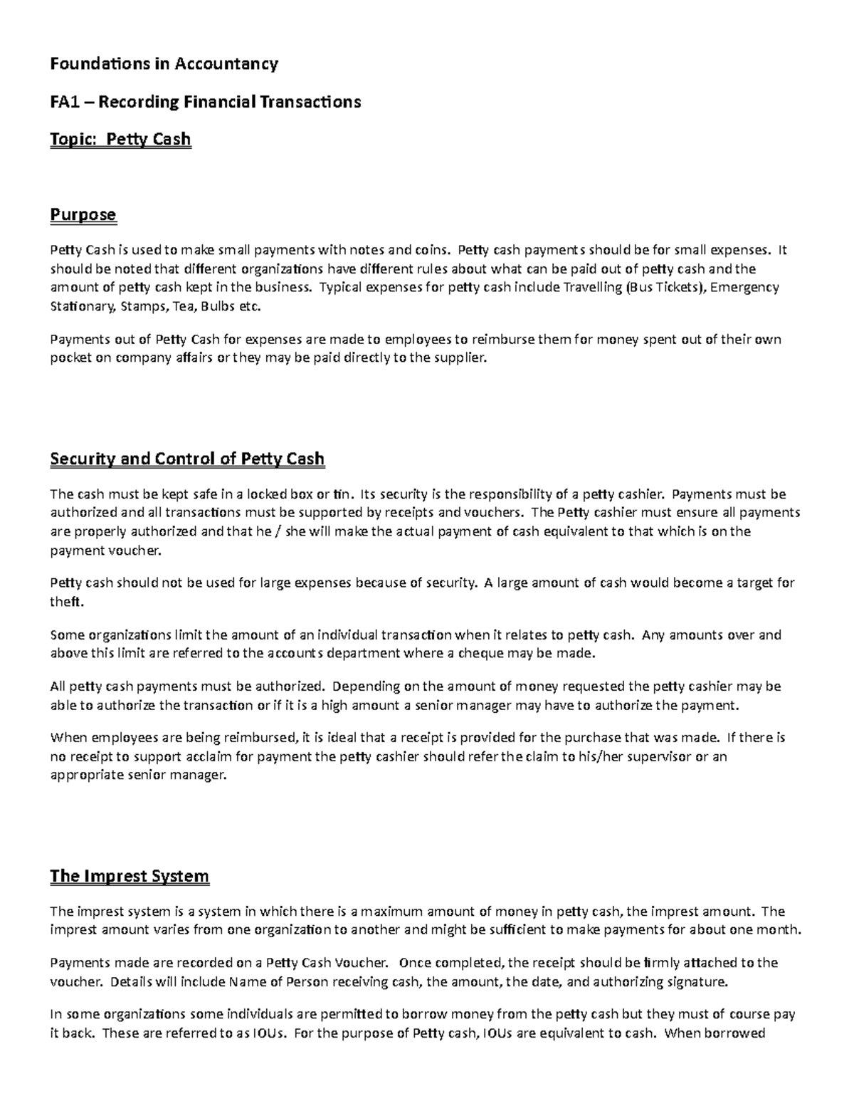 Lecture 10 - Petty Cash - FIA FA1 - Foundations in Accountancy FA1 ...