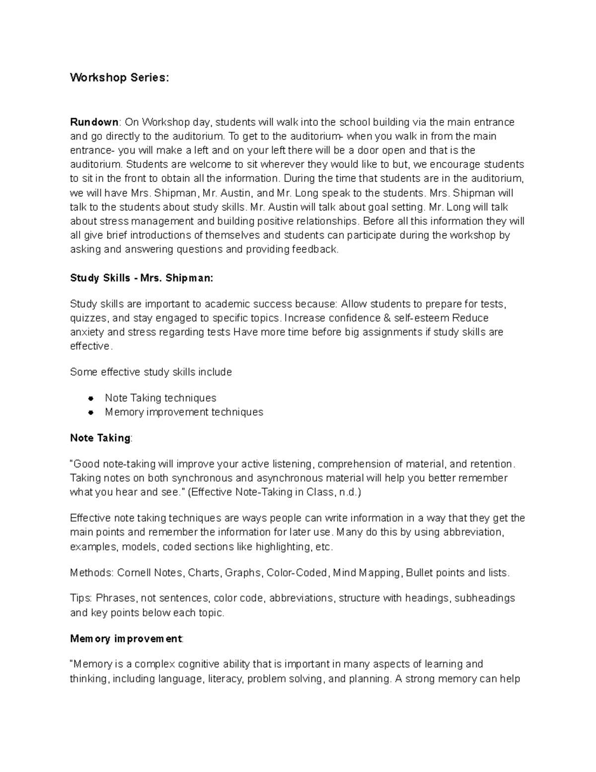 Workshop Series AVID - answer - Workshop Series: Rundown: On Workshop ...
