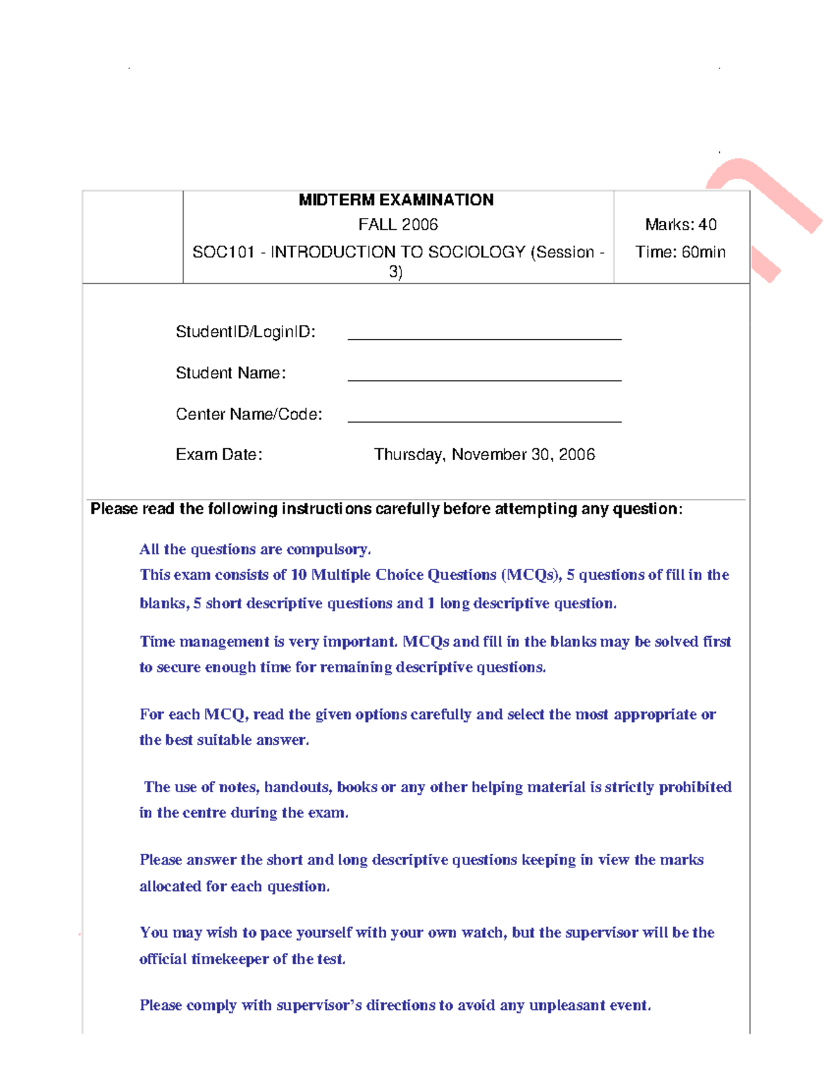 Soc101 mid term 4 www - I want to get Past Papers - vu786 MIDTERM ...
